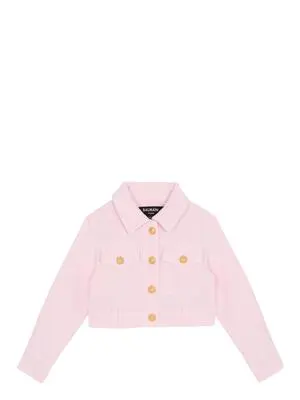 Balmain Cropped Denim Jacket With Gold Buttons - Pink