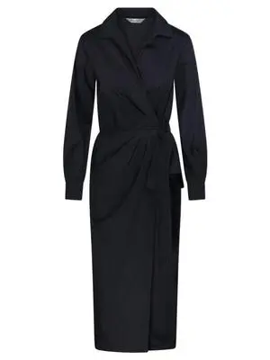 Max Mara Long-sleeve Collared Midi Dress With Waist Tie - Black