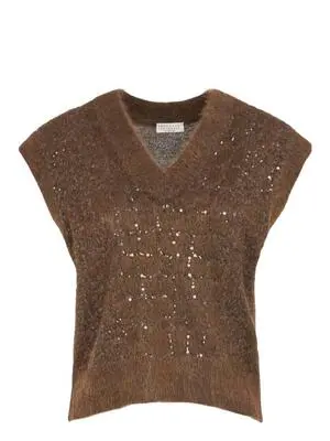 Brunello Cucinelli Embellished Mohair Blend Knit Vest - Brown