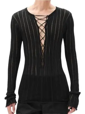 ANN DEMEULEMEESTER Open Rib Lace-up Serafino Knit Top - Black