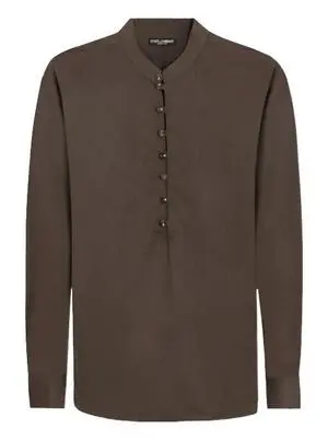 Dolce & Gabbana Mandarin Shirt In Cotton Canvas - Brown