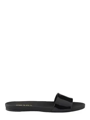 Prada Glossy Patent Leather Slip-on Sandals With Rubber Sole - Black