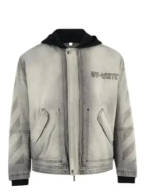 Off-White Hooded Denim Jacket With Fleece Detail - Gray