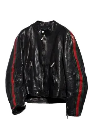 Gucci Calf Leather Bomber Jacket With Web Detail - Black