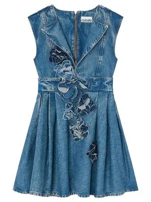 GANNI Floral Appliqué Denim A-line Dress - Blue