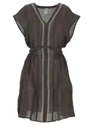 120% Lino Frayed Trim Belted Mini Dress - Brown