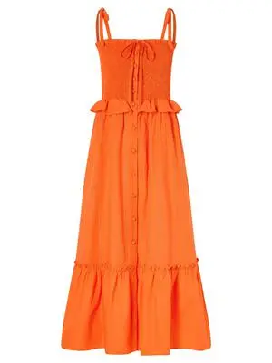 Loretta Caponi Alberica Ruffled Shirred Cotton-poplin Midi Dress - Orange
