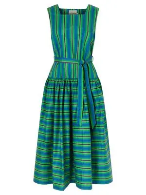 ALEMAIS Margo Belted Striped Organic Cotton-poplin Midi Dress - Green