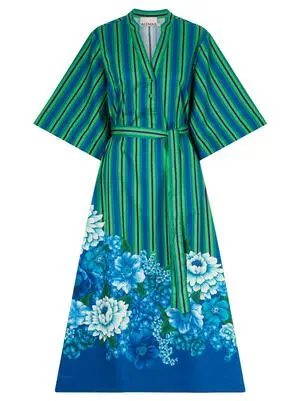 ALEMAIS Margo Belted Striped Floral-print Organic Cotton-poplin Midi Dress - Multi