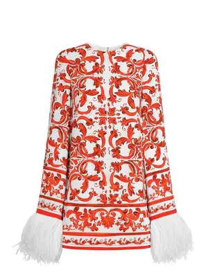 Dolce & Gabbana Majolica-print Charmeuse Dress With Feather Trim - Multicolor