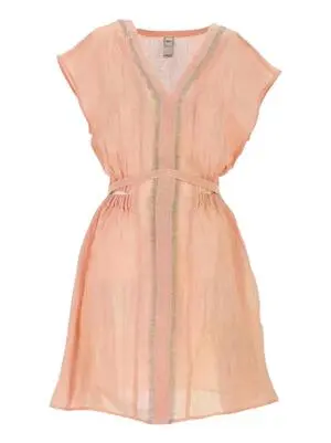 120% Lino Fringed-trim Belted Mini Dress - Pink