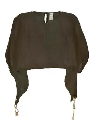 120% Lino Cropped Blouse With Tassel Detail - Brown