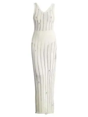 LANEUS Distressed Ribbed-knit V-neck Dress - White