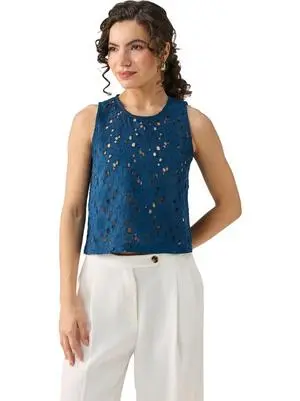 REISTOR Embroidered Button Back Top - Blue