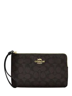 COACH OUTLET Coach Signature Canvas Corner Zip Wristlet - Gold/walnut/black