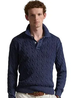 Ralph Lauren Relaxed Cable Knit Polo Sweater - Dark Cobalt