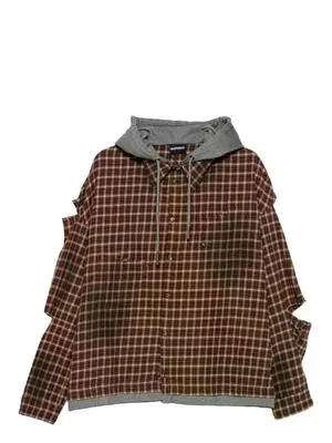 MADFRENZY Check-pattern Hooded Shirt - Brown