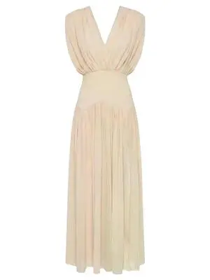 NICHOLAS Nicholas Giana Plunging-Neck Pleated Maxi Dress Neutrals