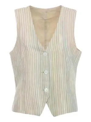 120% Lino Vertical Stripe V-neck Waistcoat - Neutrals