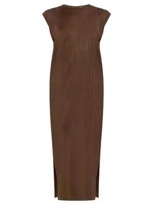 Issey Miyake Solid Pleated Midi Dress - Brown