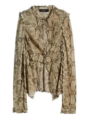 Gucci Allover Python Print Silk Shirt With Frill Trim - Grey