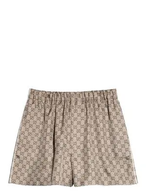 Gucci Allover Gg Print Silk Twill Shorts With Contrast Piping - Beige