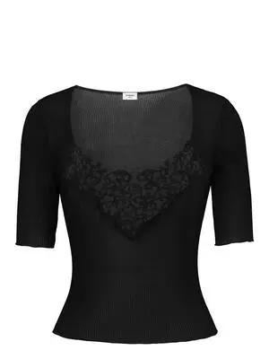Saint Laurent Ribbed Silk Guipure Top - Noir