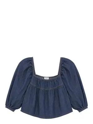 Saint Laurent Cropped Denim Top With Ruffled Square Neckline - Indigo Rinse