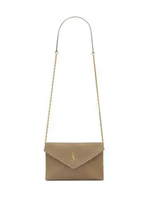 Saint Laurent Saint Laurent Cassandre Small Chain Pouch In Suede Light Cumin