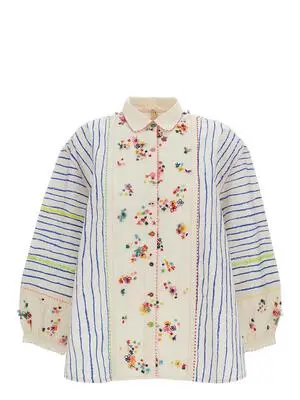Pero Embroidered Striped Shirt Jacket - Multicolor