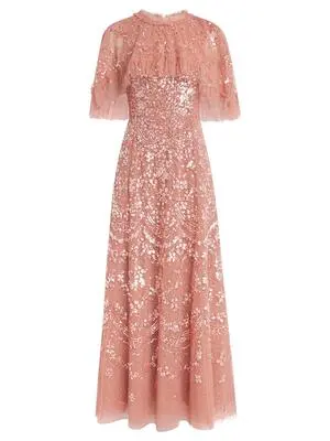NEEDLE & THREAD Needle & Thread Freya Tulle Embellished Cape Gown Pink