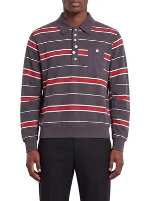 Undercover Striped Long-sleeved Cotton Polo Shirt With Ribbed Collar - Grey