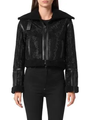 Philipp Plein Embellished Nappa Leather And Shearling Cropped Jacket - Black