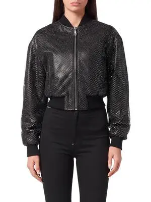 Philipp Plein All Over Crystal Nappa Crop Bomber Jacket - Black