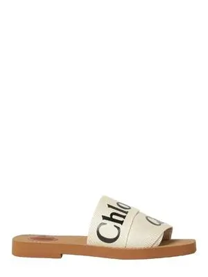 Chloé Chloé Woody Flat Slide Sandals In Canvas With Printed Logo White