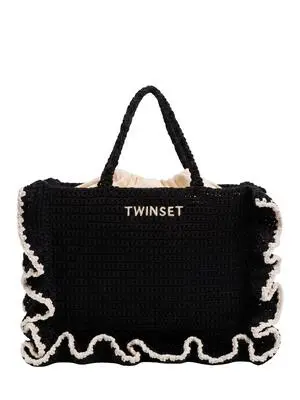 TWINSET Crochet Cotton Bag With Ruffles And Drawstring Closure - Black