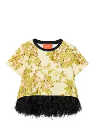 La DoubleJ La Scala Ostrich Feather Trim Cropped Jersey Top - Green