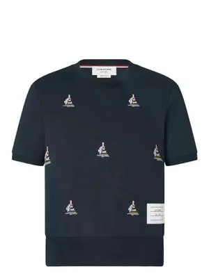Thom Browne Milano Rib T-shirt With Sailboat Embroidery - Blue