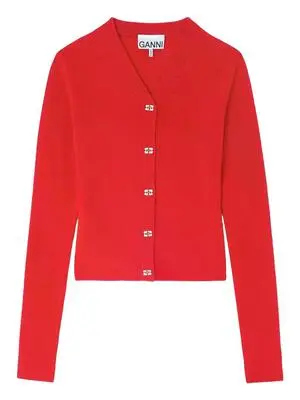 GANNI GANNI Red Ribbed Knit V-Neck Cardigan