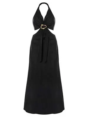WOMEN & WOMEN Linen Functional Halterneck Maxi Dress With Hardware Detail - Black
