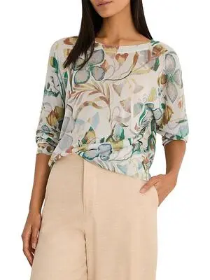 NIC+ZOE Luxe Sweater Floral Print Fine Knit - Neutral Multi