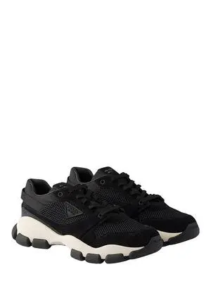 Prada Mesh Fabric And Suede Lace-up Sneakers - Black