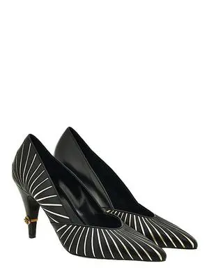 Versace Leather Pointed Toe Pumps With Gold Tone Embellishment - Black/gold