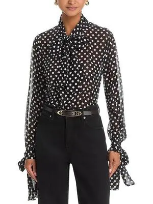 FRAME Silk Polka Dot Pussy Bow Blouse - Black Multi