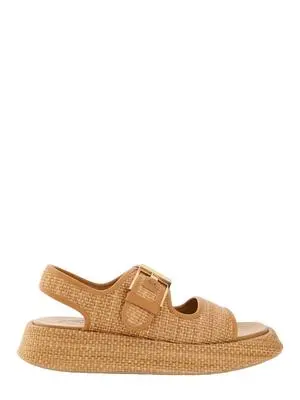 TOD'S Raffia Flatform Sandals With Leather Trim - Camel