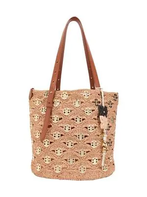 Rabanne Raffia Disc Embellished Bucket Tote Bag - Peach