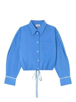 GANNI Lace-trim Drawstring-hem Shirt - Blue