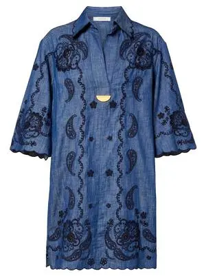 Zimmermann Zimmermann Embroidered Cotton Chambray Mini Dress Blue
