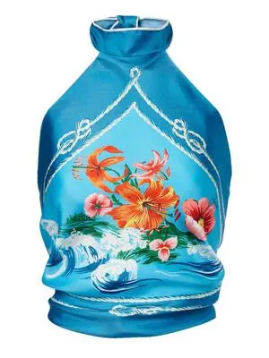 Gucci Printed Silk Twill Halterneck Crop Top - Blue