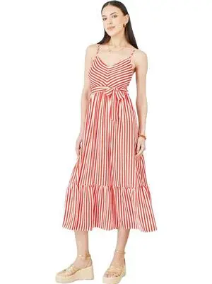 YUMI Yumi Striped Midi Dress With V-Neck And Tie Waist Red